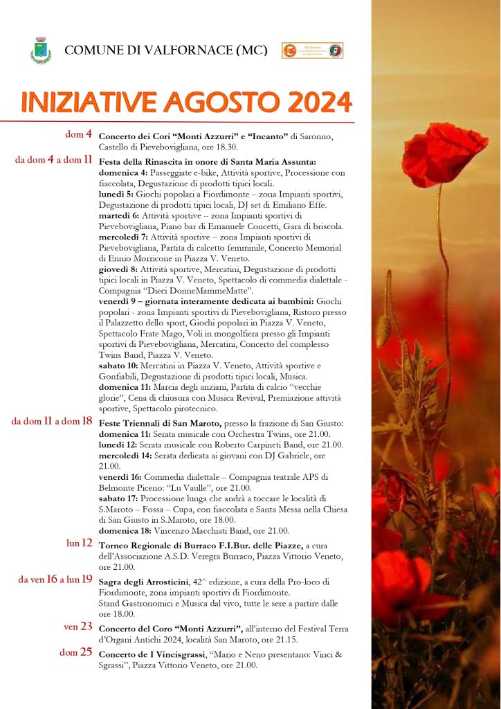 CALENDARIO EVENTI AGOSTO 2024 VALFORNACE